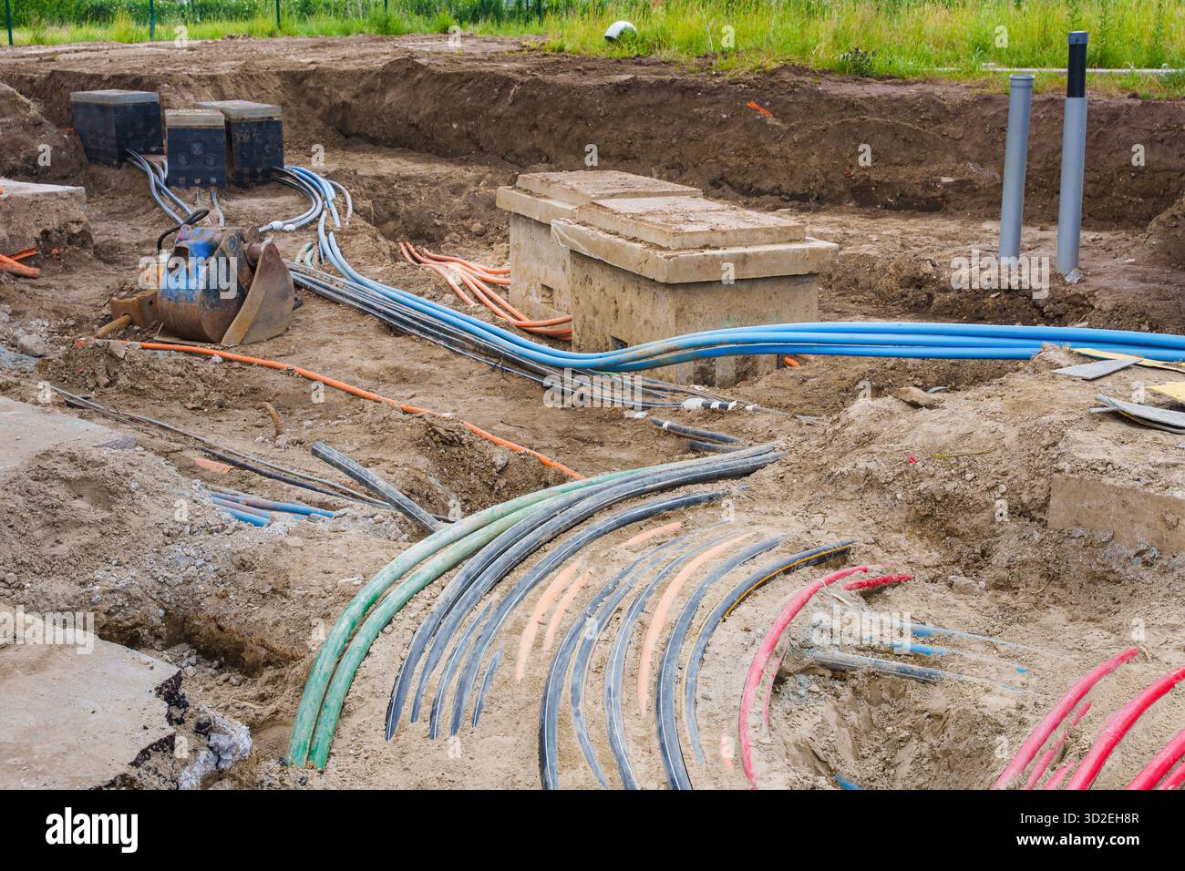 Electricity and telecom cables in cable trenches when laying cables hi ...