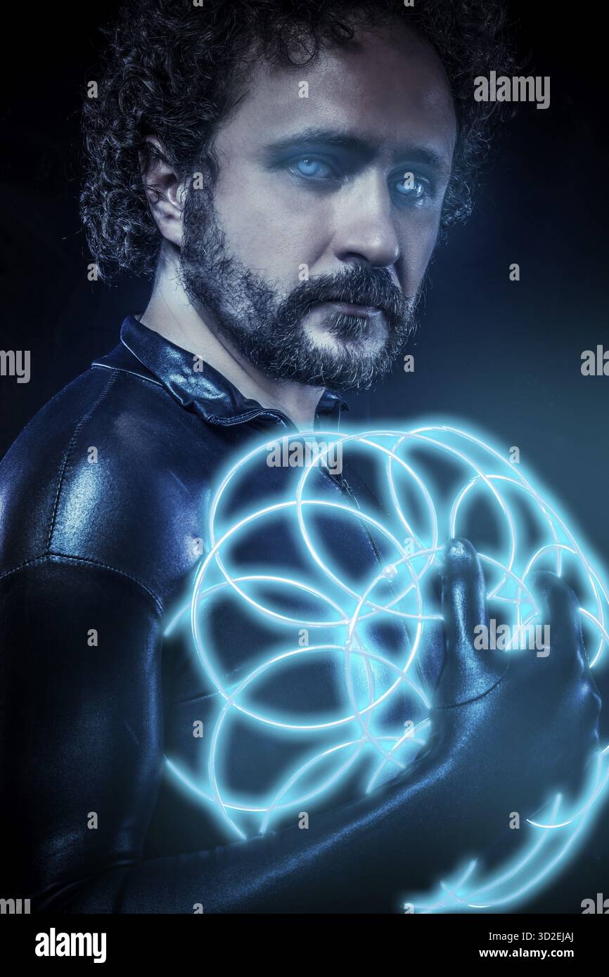 Fantasy and science fiction, futuristic soldier dressed in black latex ...