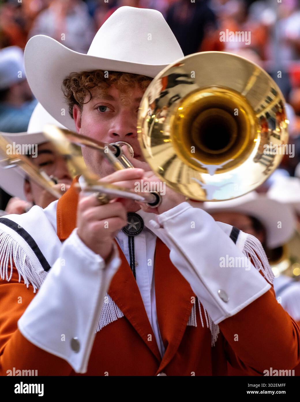 Nov 1, 2025. A trumpet player for the band of the Texas Longhorns in ...