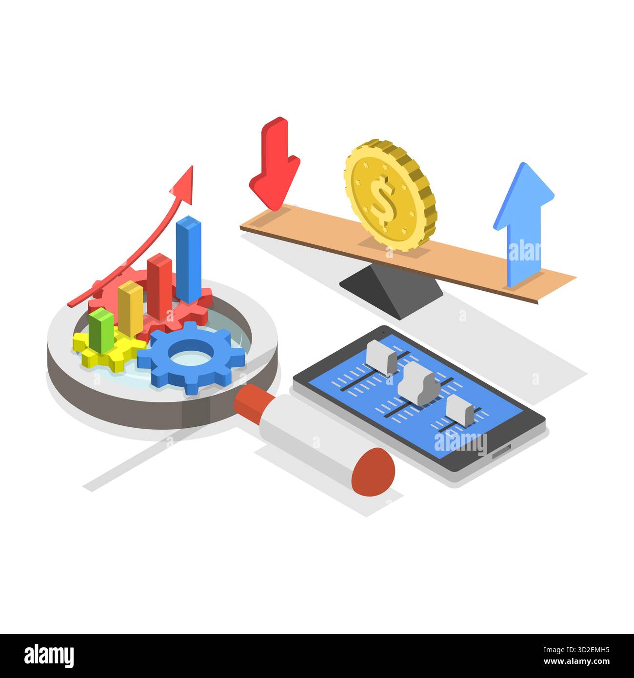 3D Isometric Flat Illustration of Mixed Economy Features, Public and ...