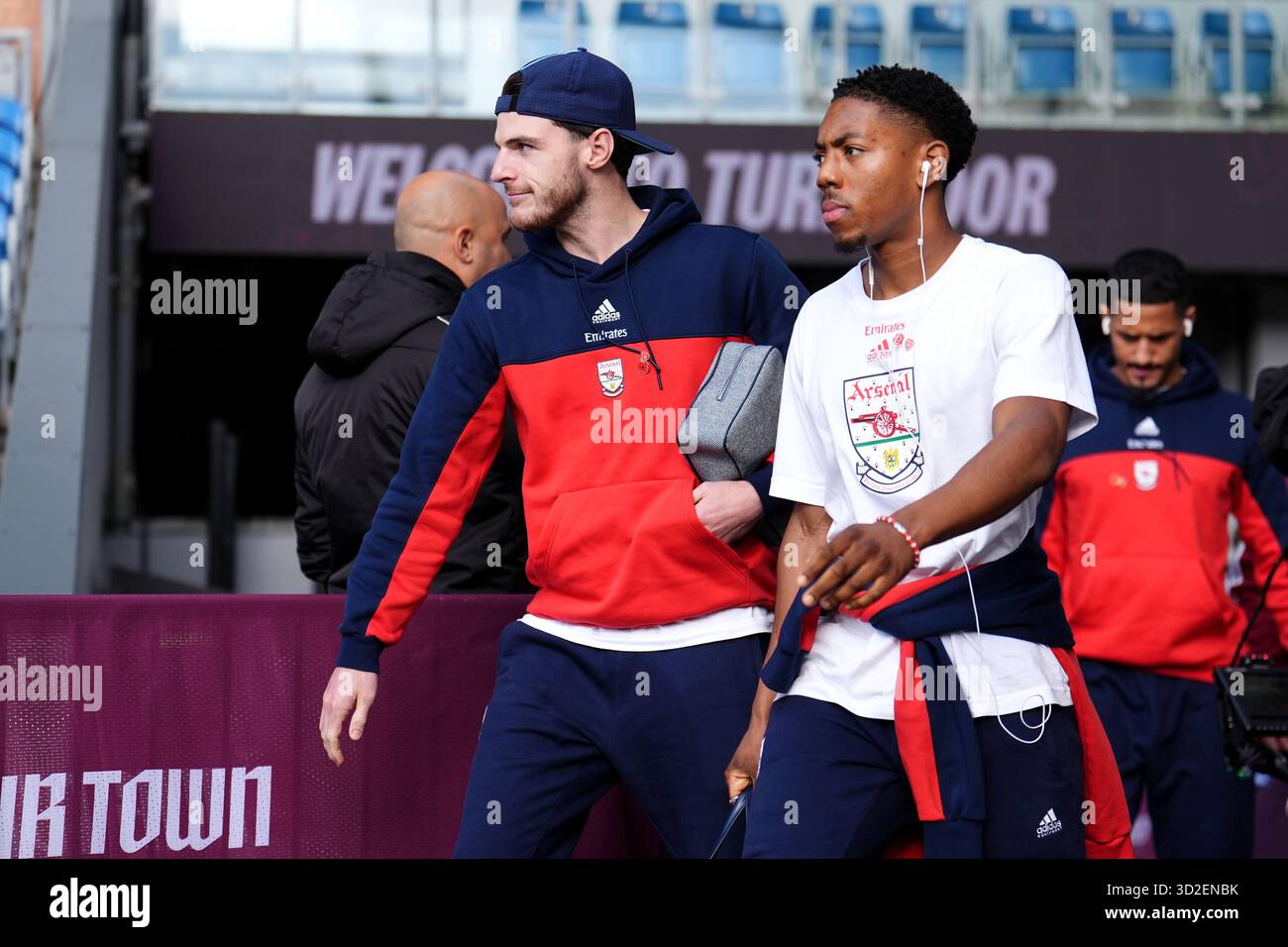Arsenal's Declan Rice (left) and team-mates arrive ahead of the Premier ...
