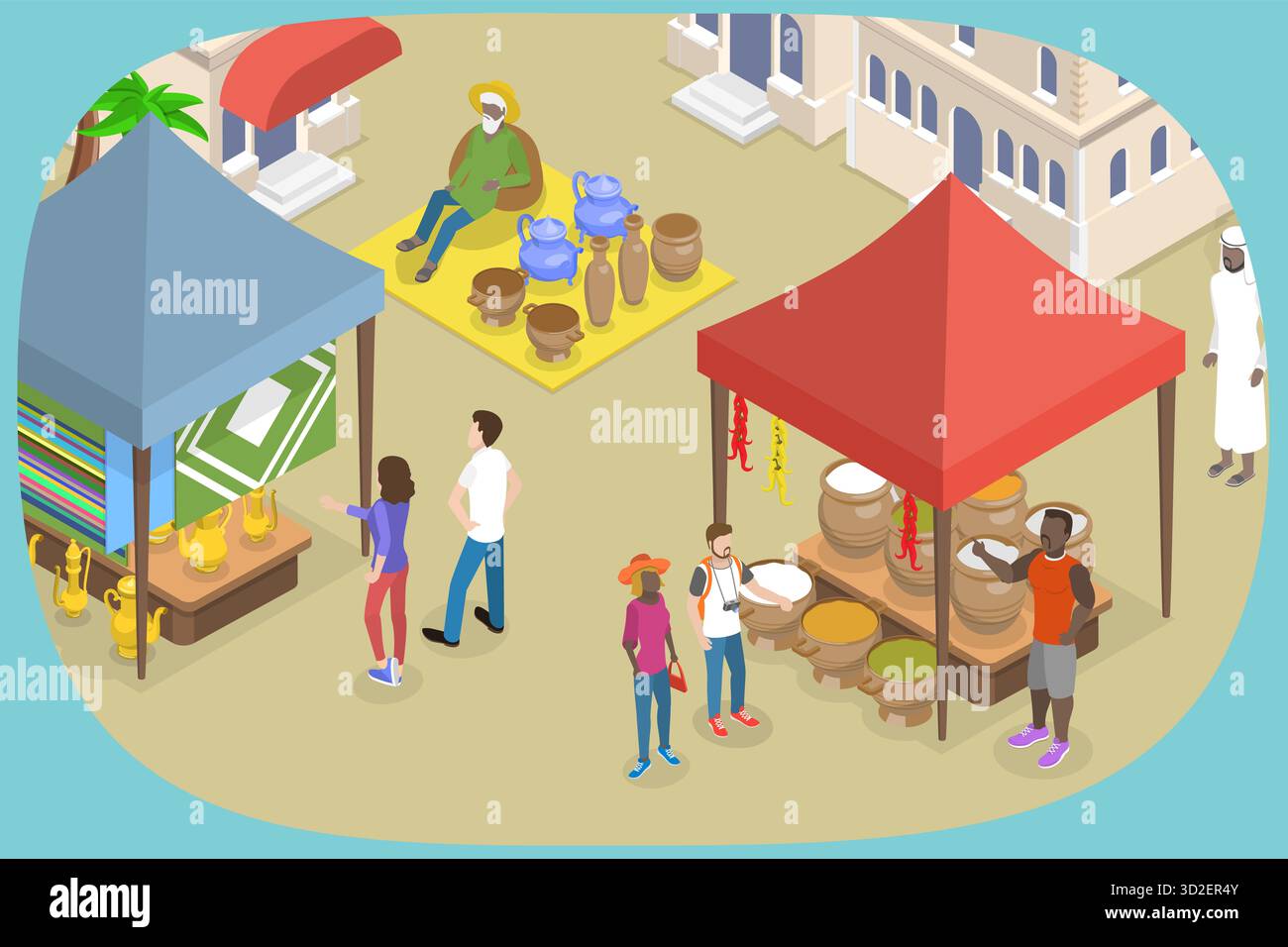 3D Isometric Flat Conceptual Illustration of Arabic Bazaar, Middle ...