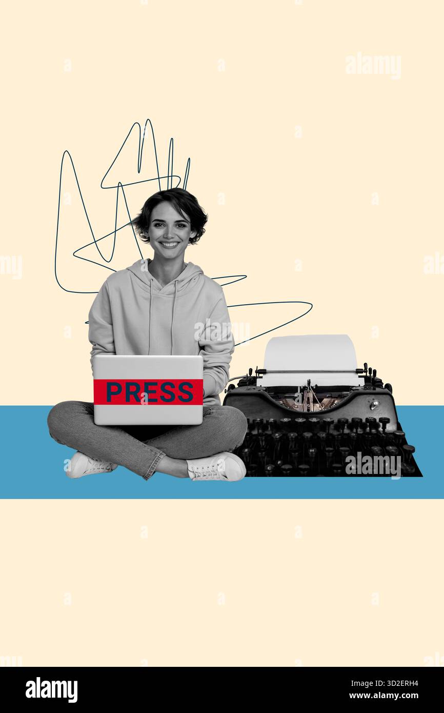3D collage poster template trend sketch of young lady sit work press ...