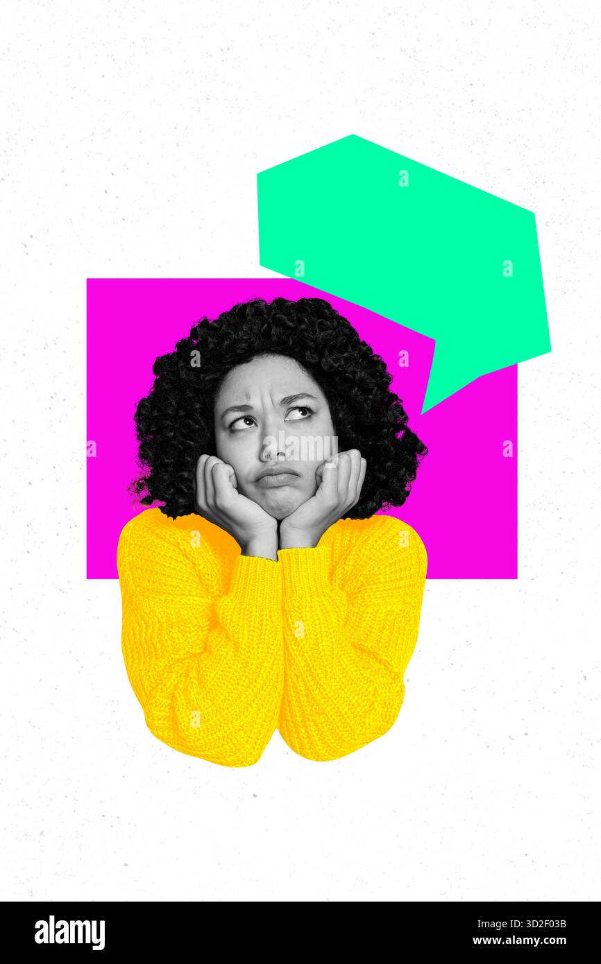 Pop art image poster 3d banner collage of minded girl stand bubble ...