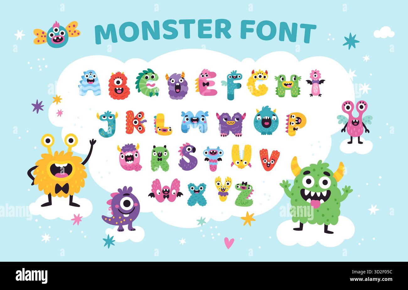 Cute monster alphabet. Funny color letters for kids, cartoon ugly ...