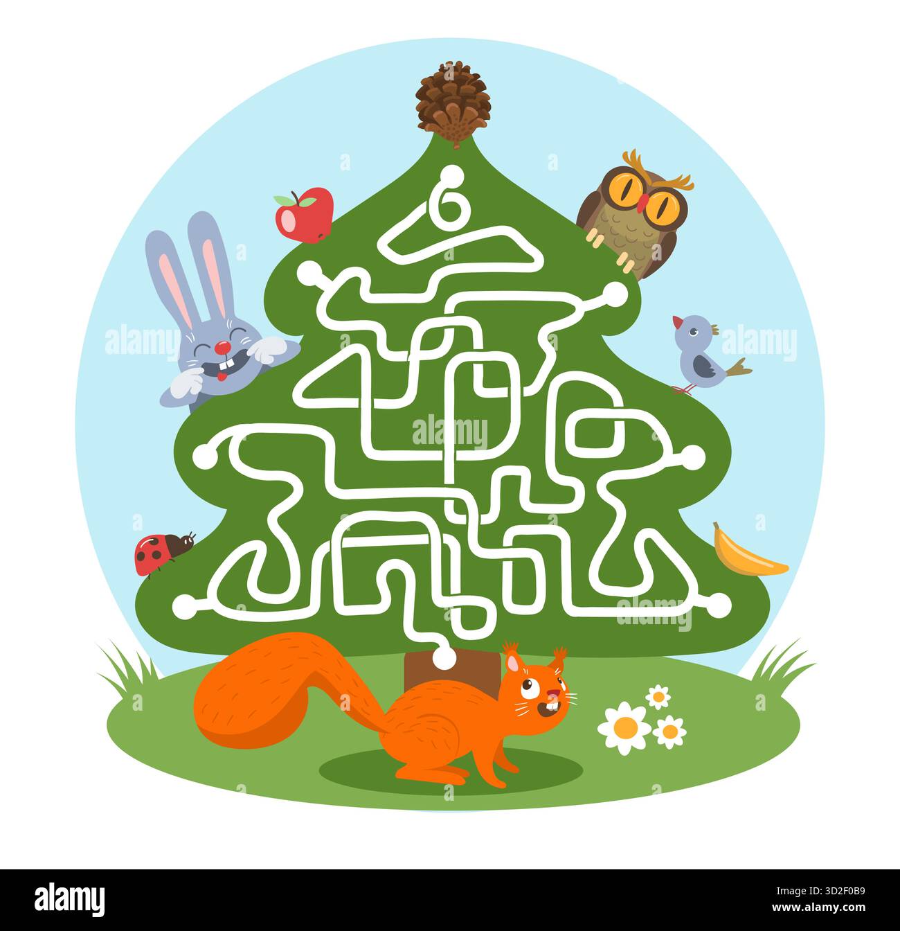 Kids maze game. Cute animals, help find way, children labyrinth, forest life, squirrel, owl ...