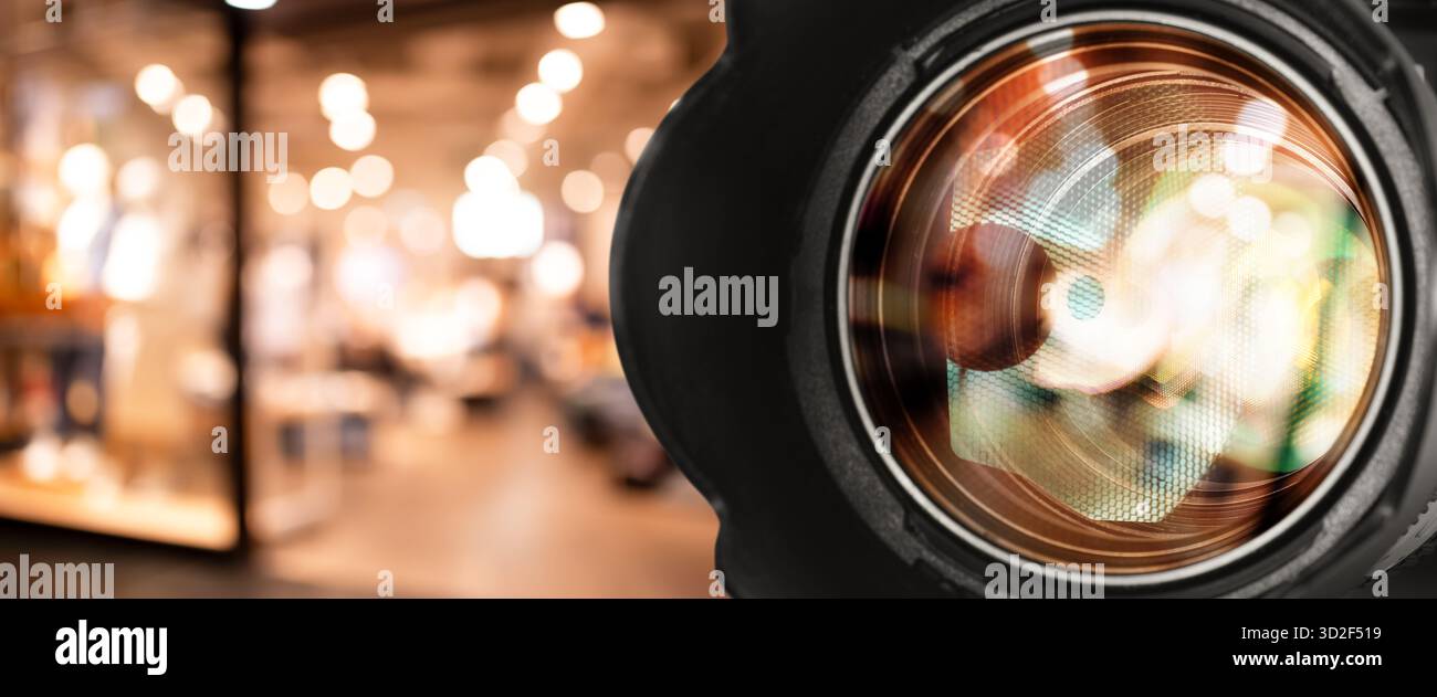 Camera lens on blurred background, closeup. Banner design Stock Photo ...