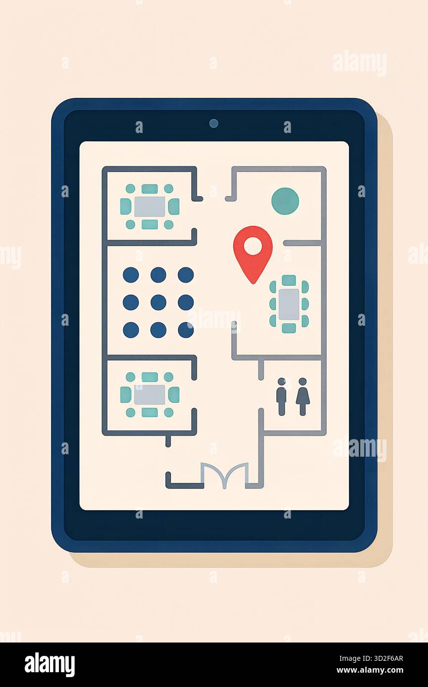 Digital tablet with simplified office floor plan. Includes meeting ...