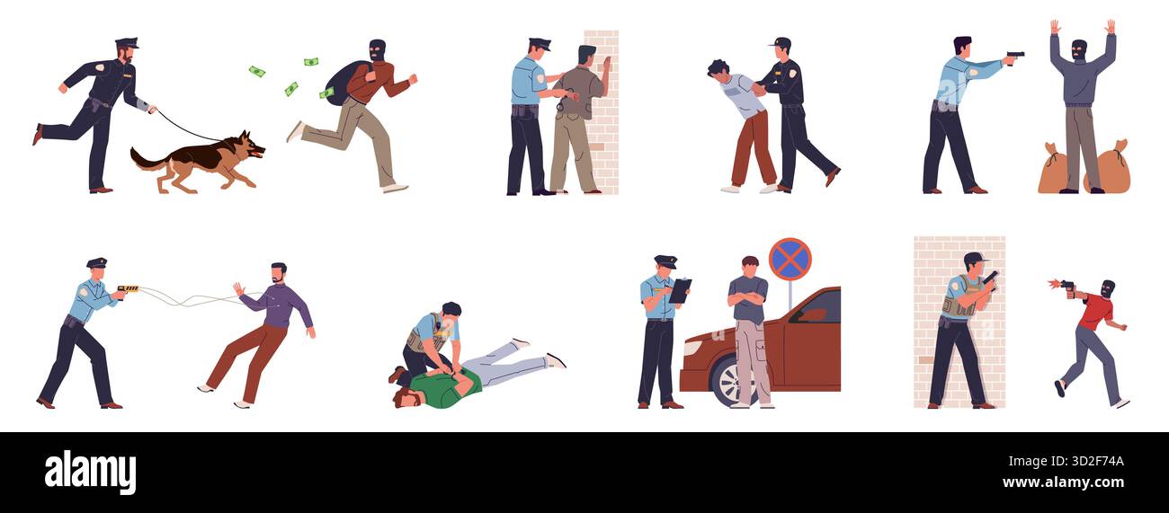 Policeman scenes. Officers in police uniforms fighting crime ...