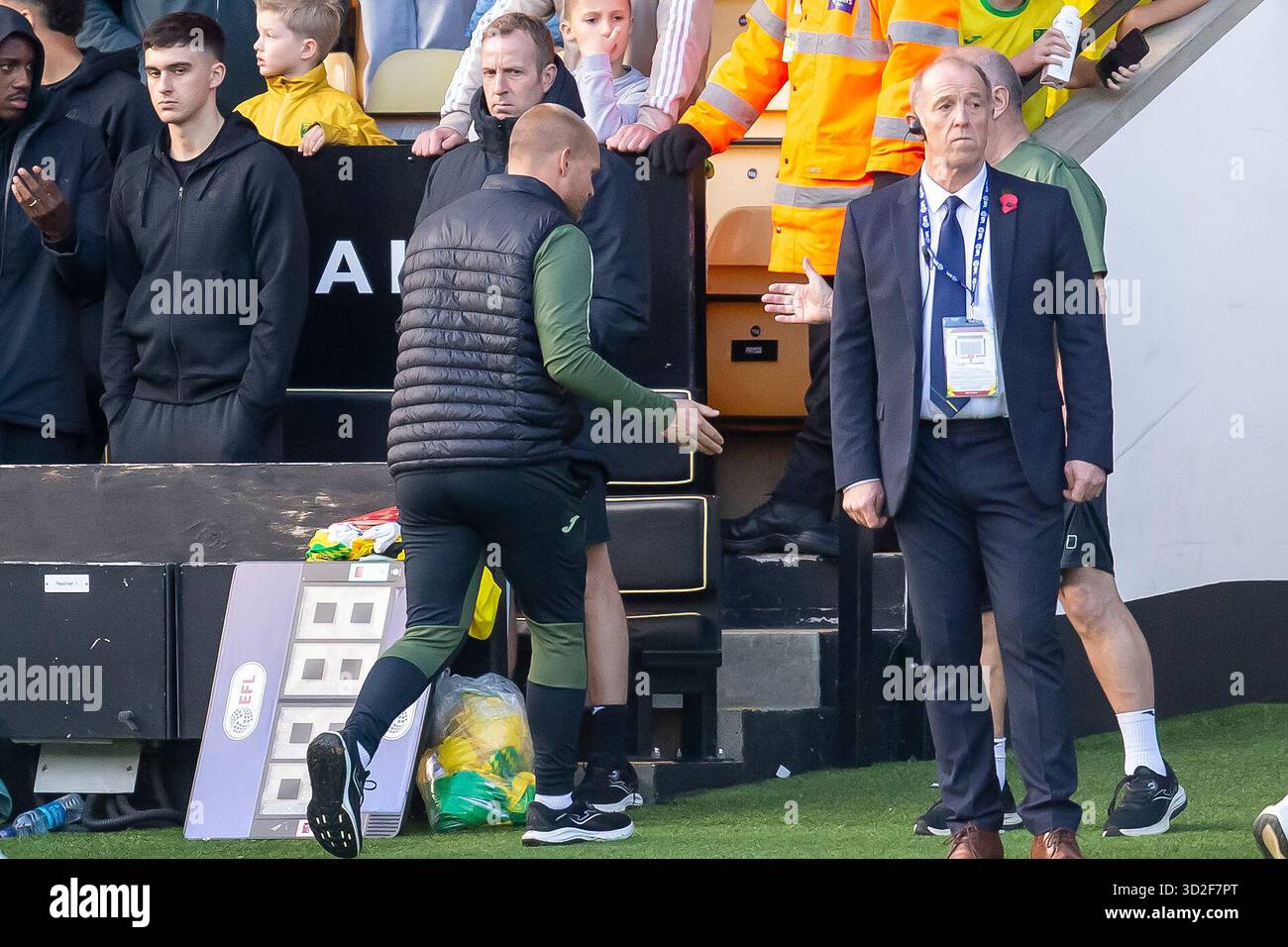 Norwich City Manager, Liam Manning, walks off the pitch during the Sky ...