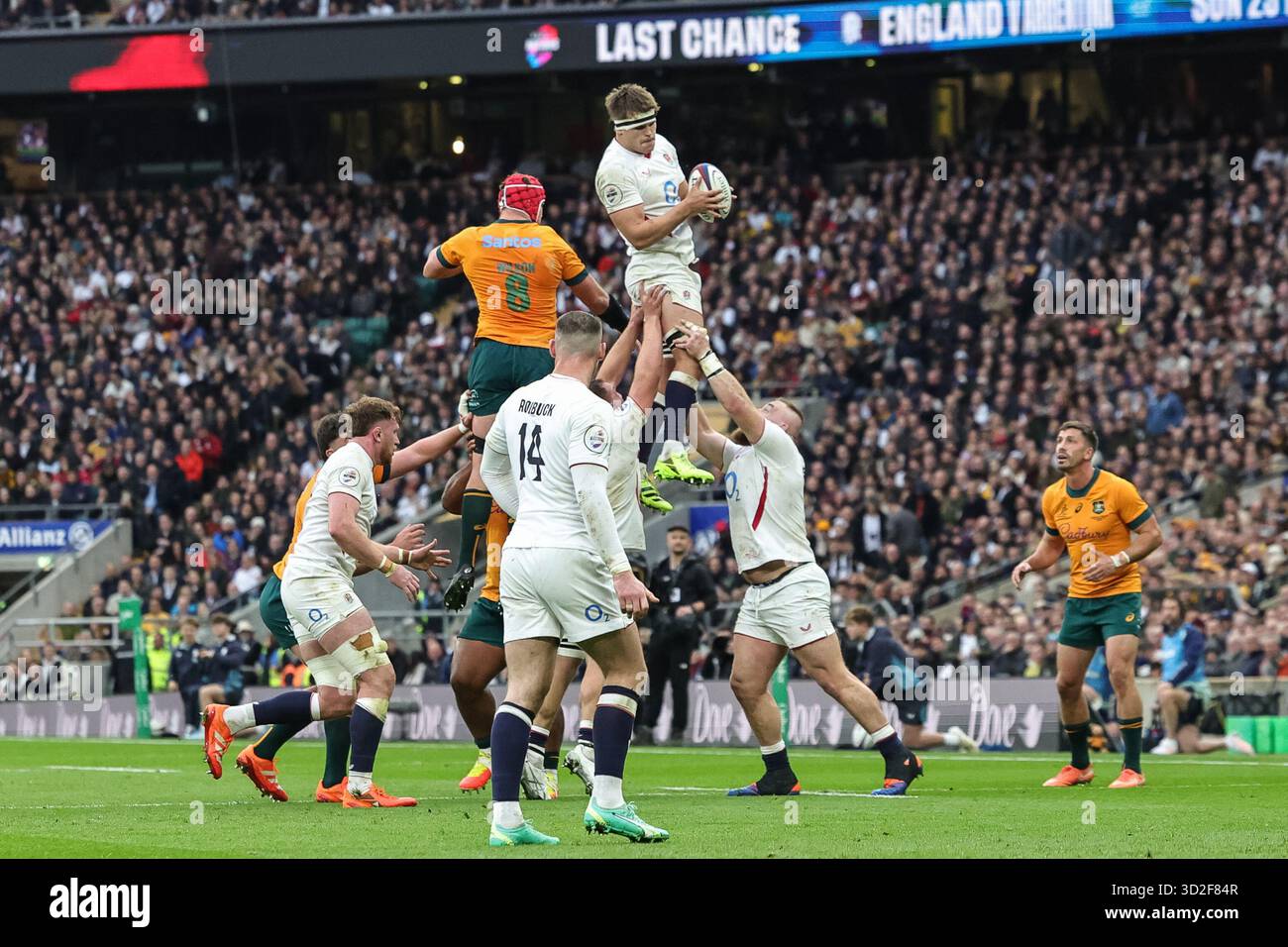 Guy Pepper of England jumps up to win the ball in a lineout during the ...