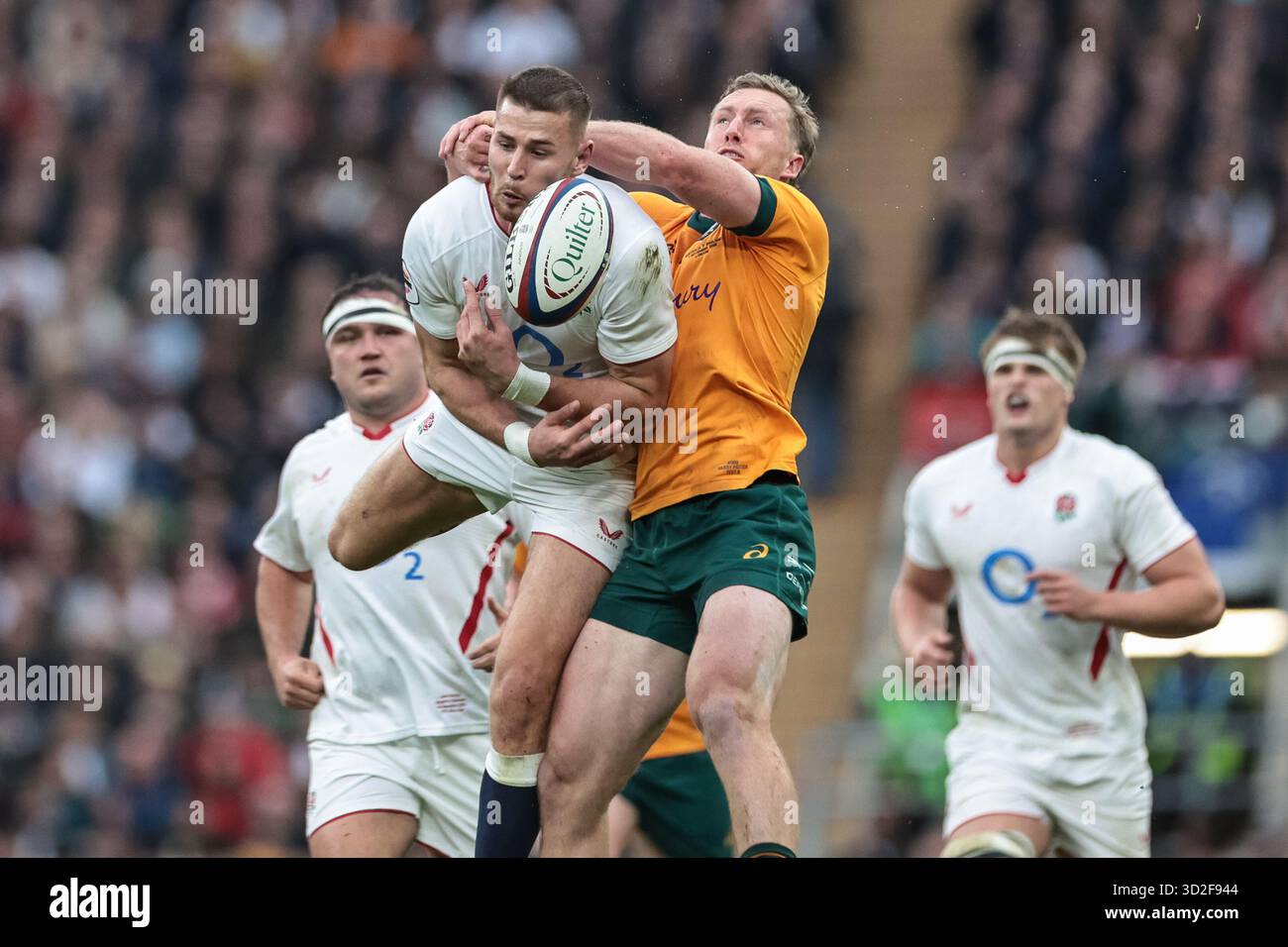 Ollie Chessum of England and Harry Potter of Australia battle for the ...