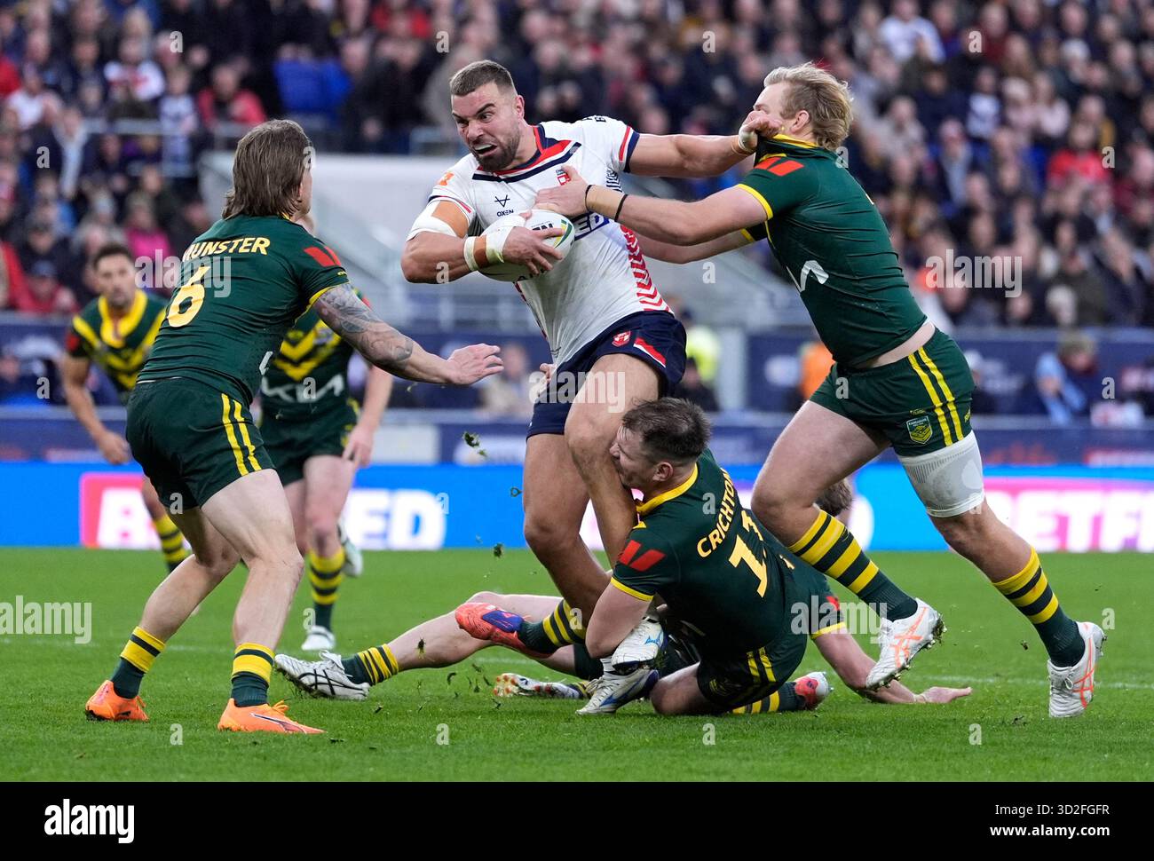 England's Mike McMeeken is tackled by Australia's Angus Crichton ...