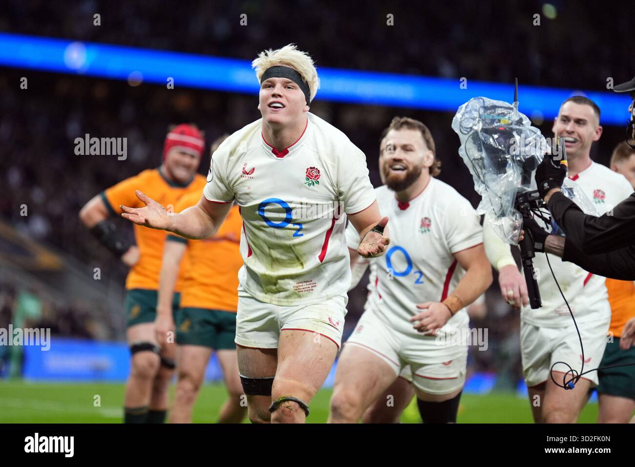 England’s Henry Pollock celebrates scoring his sides second try of the ...