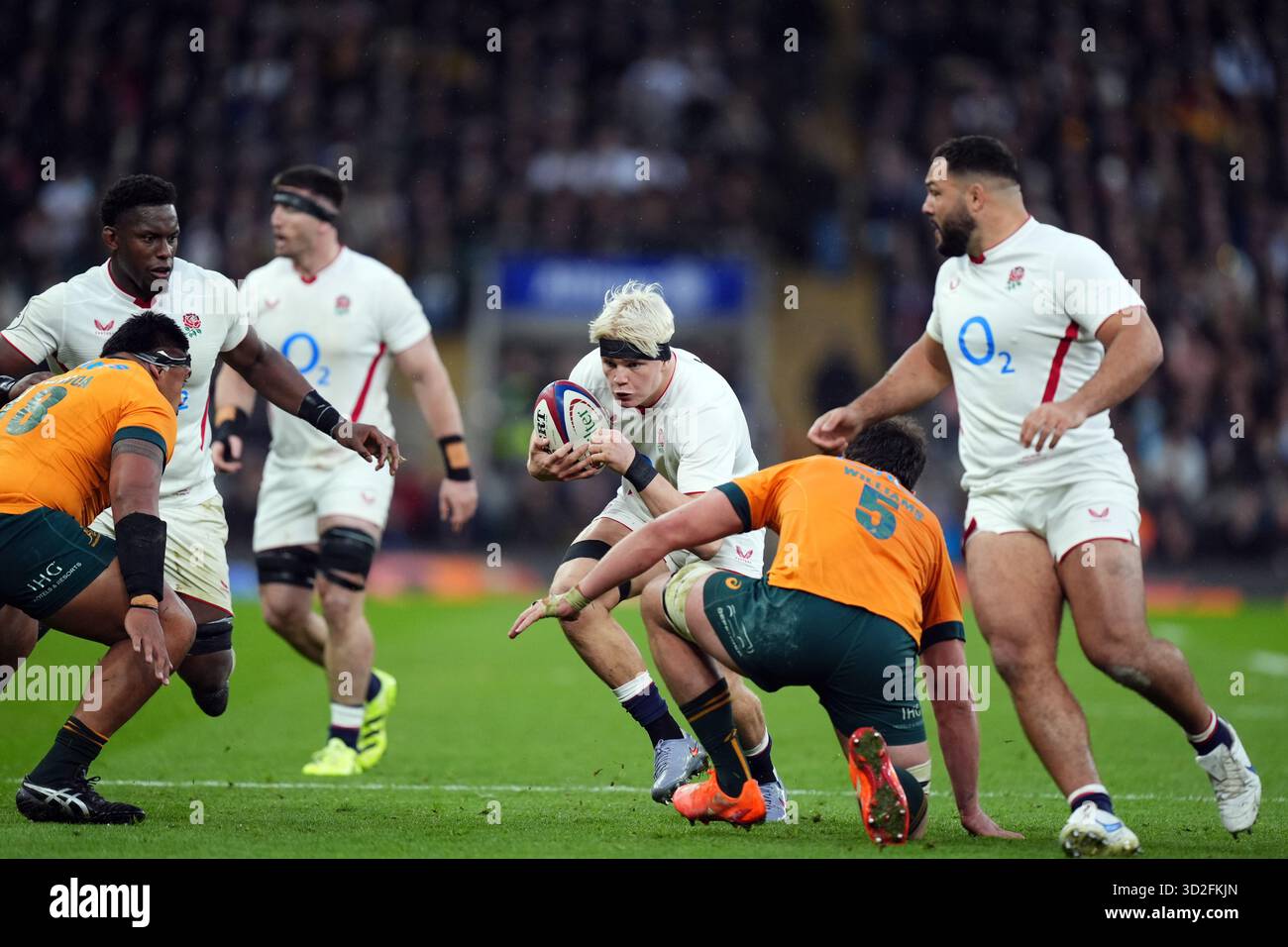 England’s Henry Pollock (centre) in action with the ball during the ...