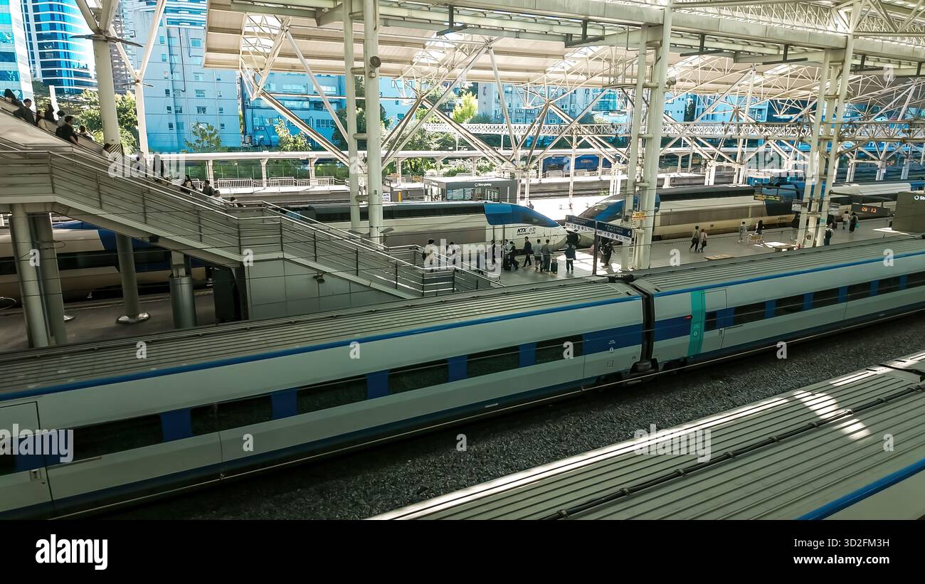 SEOUL, SOUTH KOREA - OCTOBER 11, 2025 - KTX high speed trains parked at ...