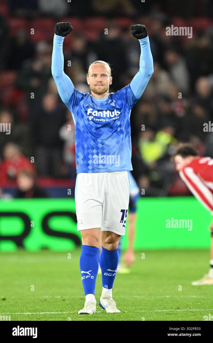 Derby County's Lars-Jorgen Salvesen celebrates after full time during ...