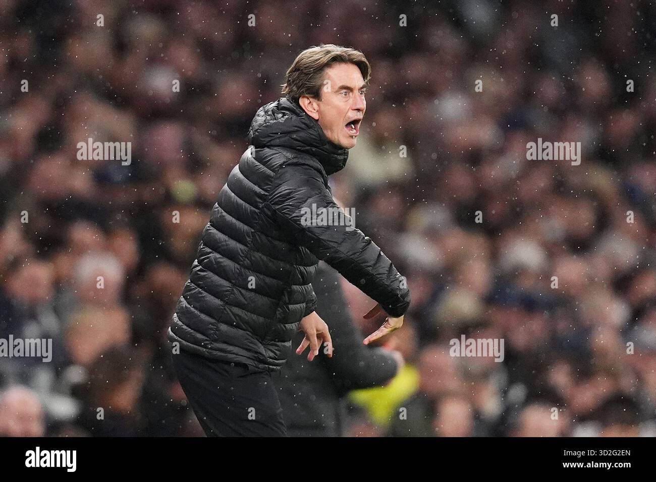 Tottenham Hotspur manager Thomas Frank gestures on the touchline during ...