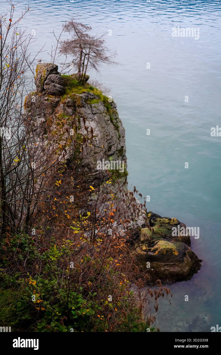Siwash Rock rises from the shoreline in Stanley Park, its rugged cliffs ...