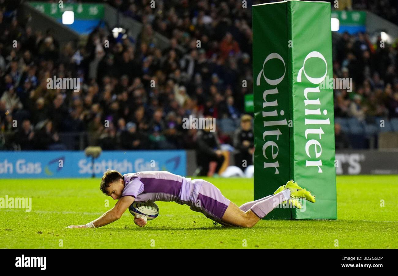 Scotland's Jamie Dobie scores his sides fourth try of the game during ...