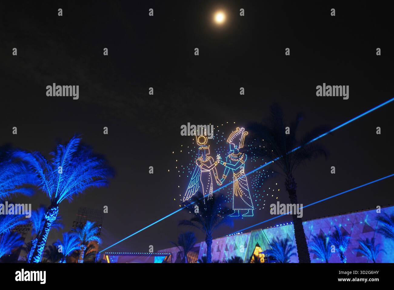 An image made by drones lights up the sky above the Grand Egyptian ...