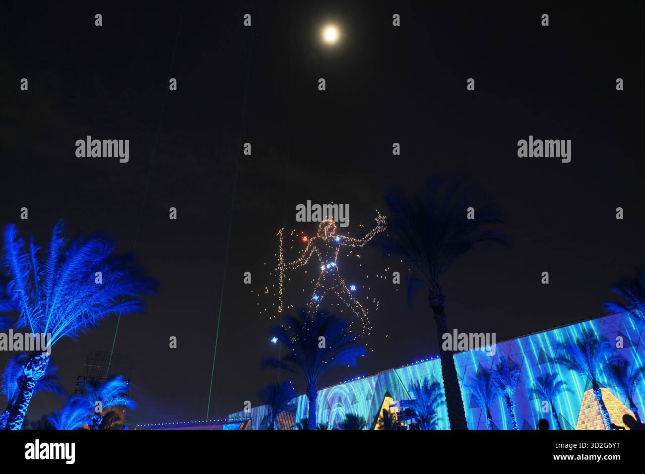 An image made by drones lights up the sky above the Grand Egyptian ...