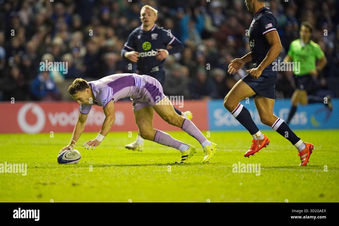 Scotland's Jamie Dobie scores their side's sixth try of the game during ...
