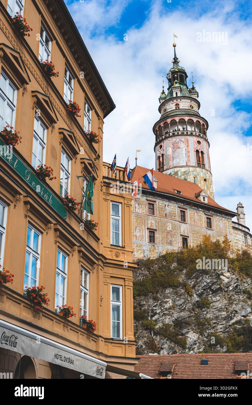 Historic tower rising above town buildings Stock Photo - Alamy