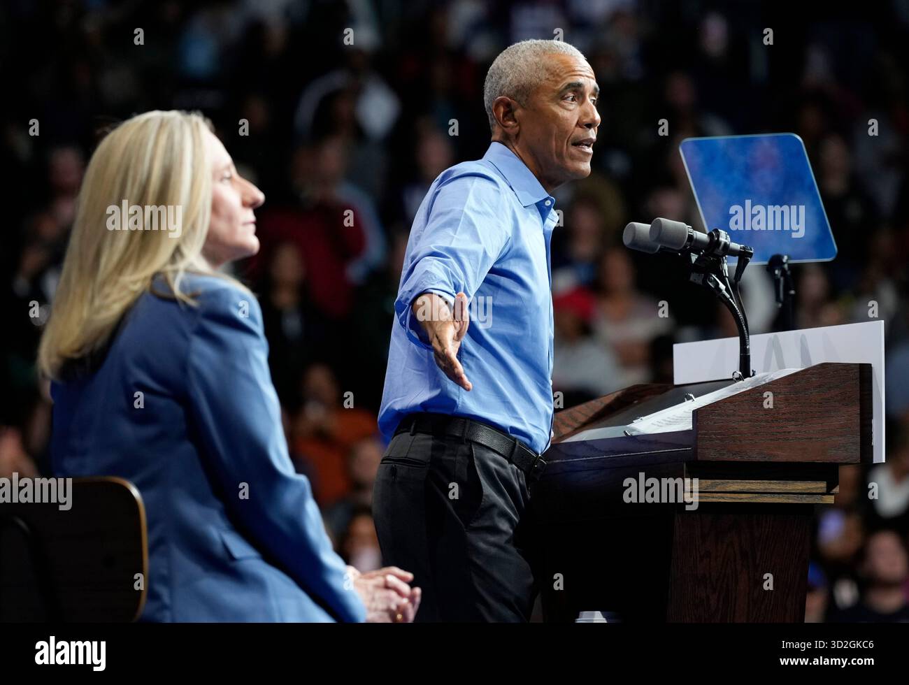 Virginia Democratic gubernatorial candidate Abigail Spanberger listens ...