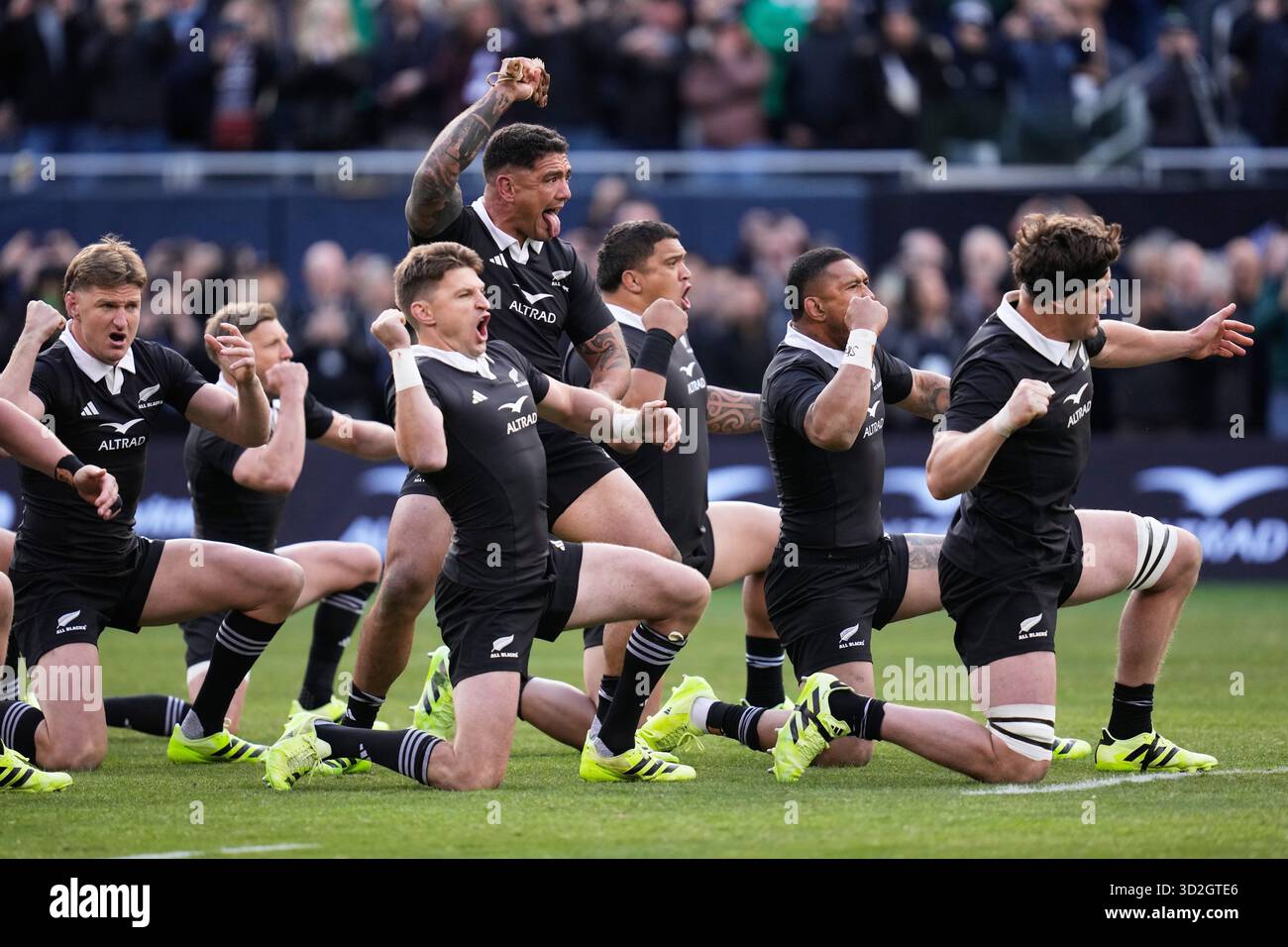 New Zealand's Cody Taylor leads the haka ahead of the rugby ...