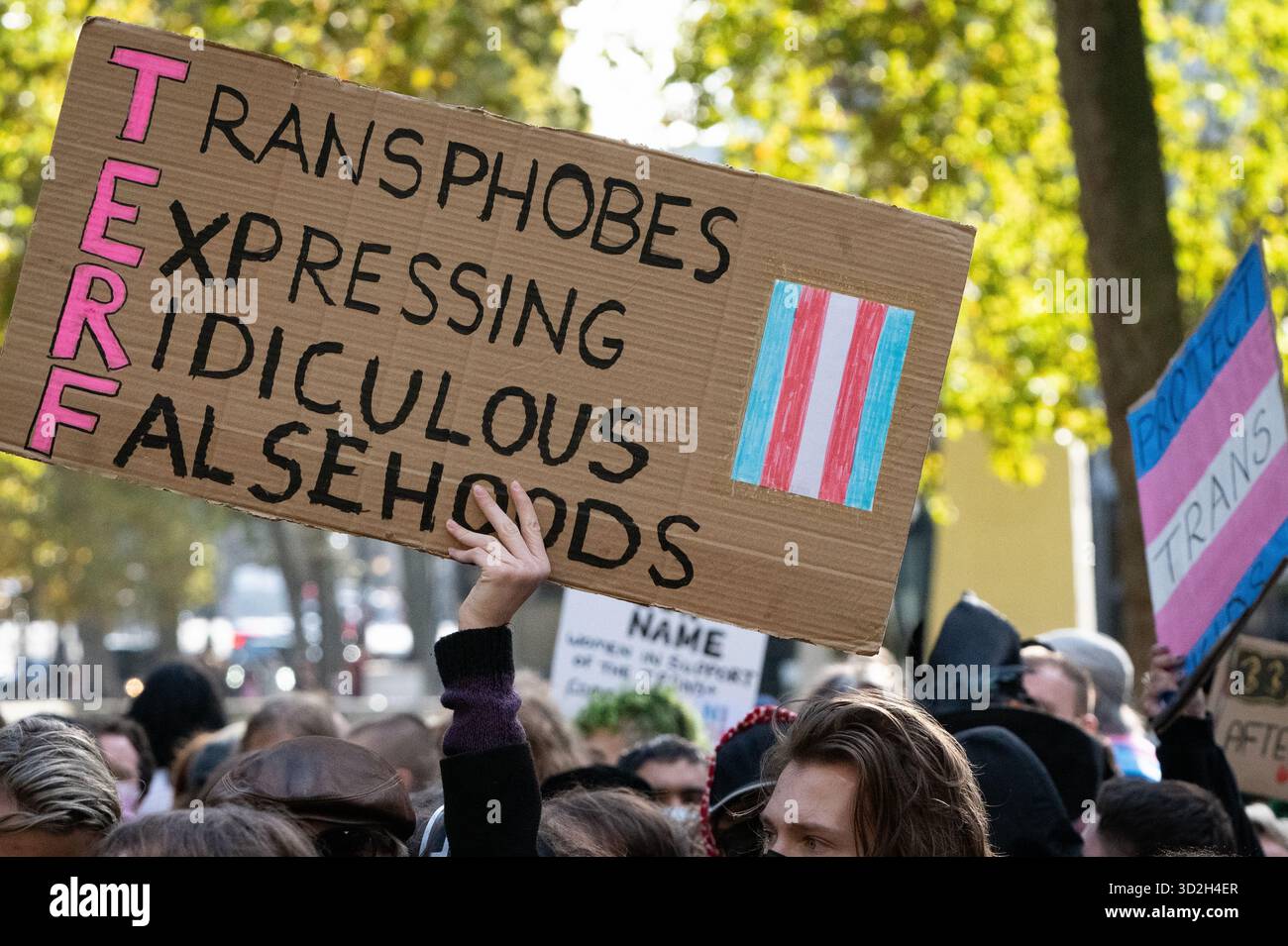 London, UK. 1 November, 2025. Transgender people and allies rally near ...