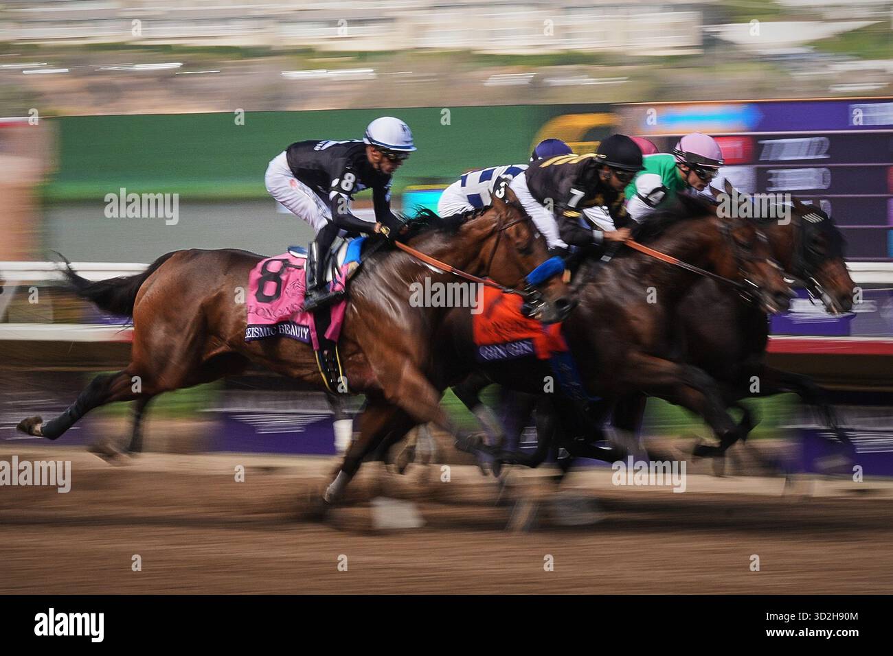 Junior Alvarado (4) rides Scylla, Luis Saez (7) rides Gin Gin and Juan ...