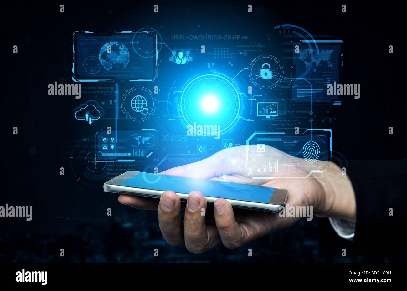 A futuristic command center interface for managing a global technology ...