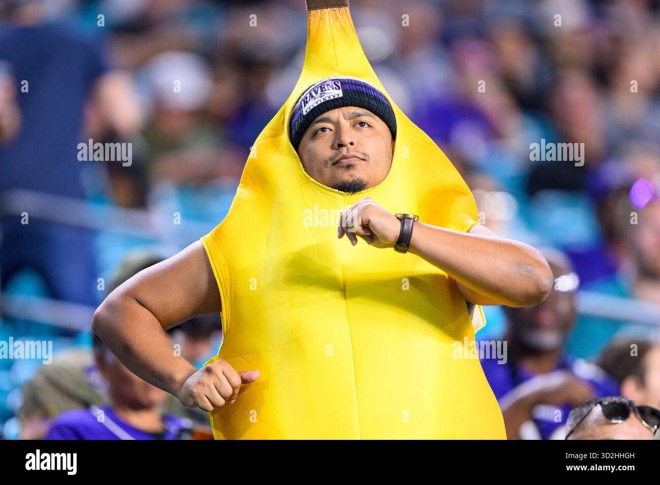 A Baltimore Ravens fans wears a banana costume in the stands before an ...