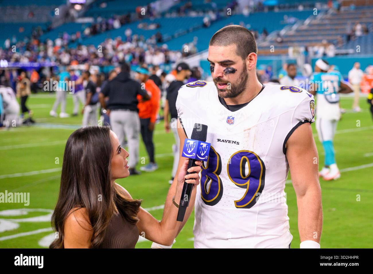 Baltimore Ravens tight end Mark Andrews (89) is interviewed on the the ...