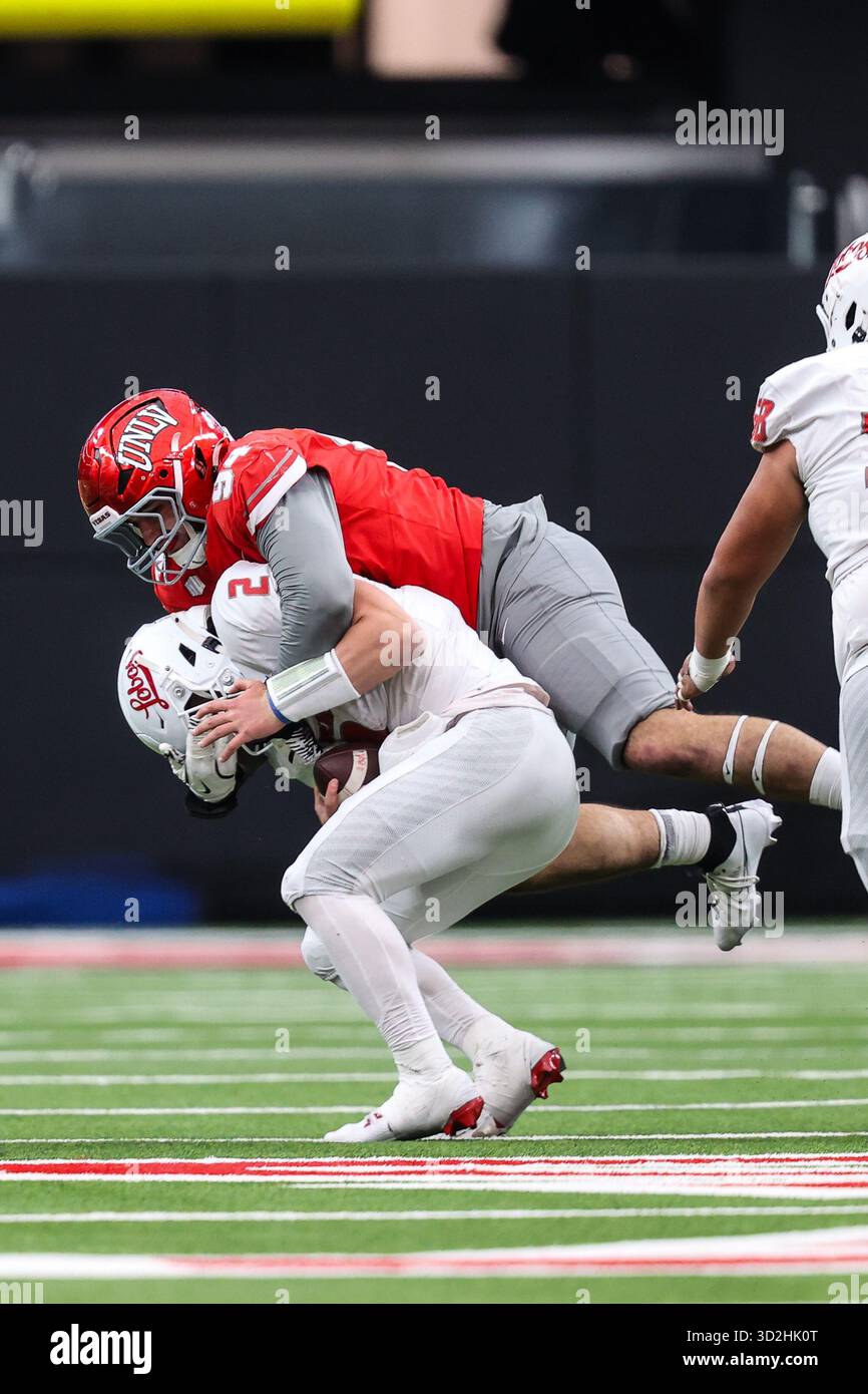 November 1, 2025: UNLV Rebels defensive lineman Lucas Conti (94) sacks ...