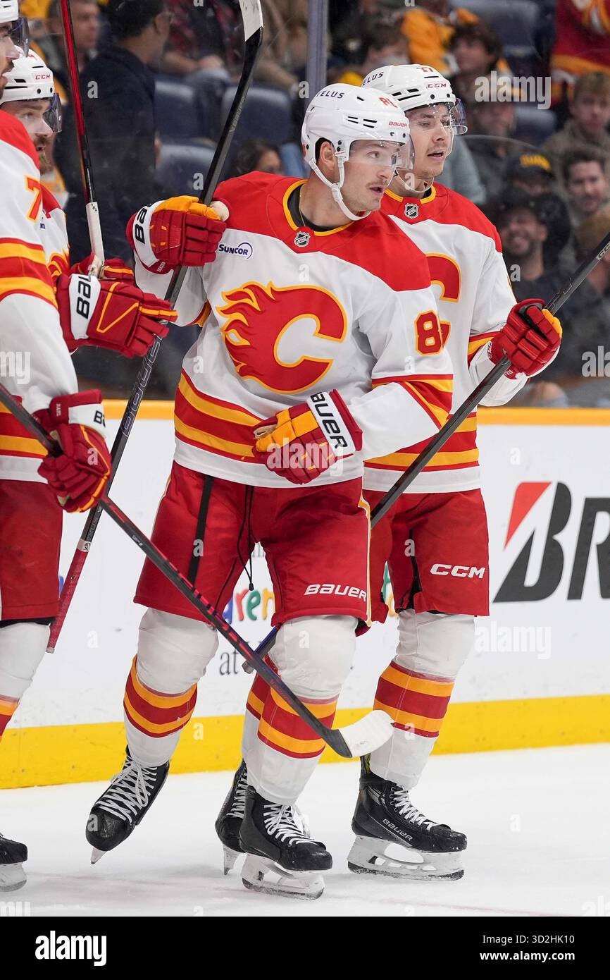 Calgary Flames left wing Joel Farabee (86) celebrates his goal during ...