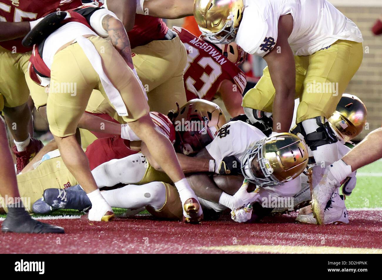 Notre Dame running back Jeremiyah Love falls into the end zone to score ...