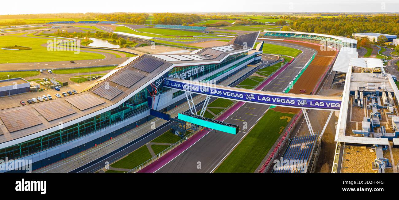 Aerial view of Silverstone Circuit in early morning light, featuring ...