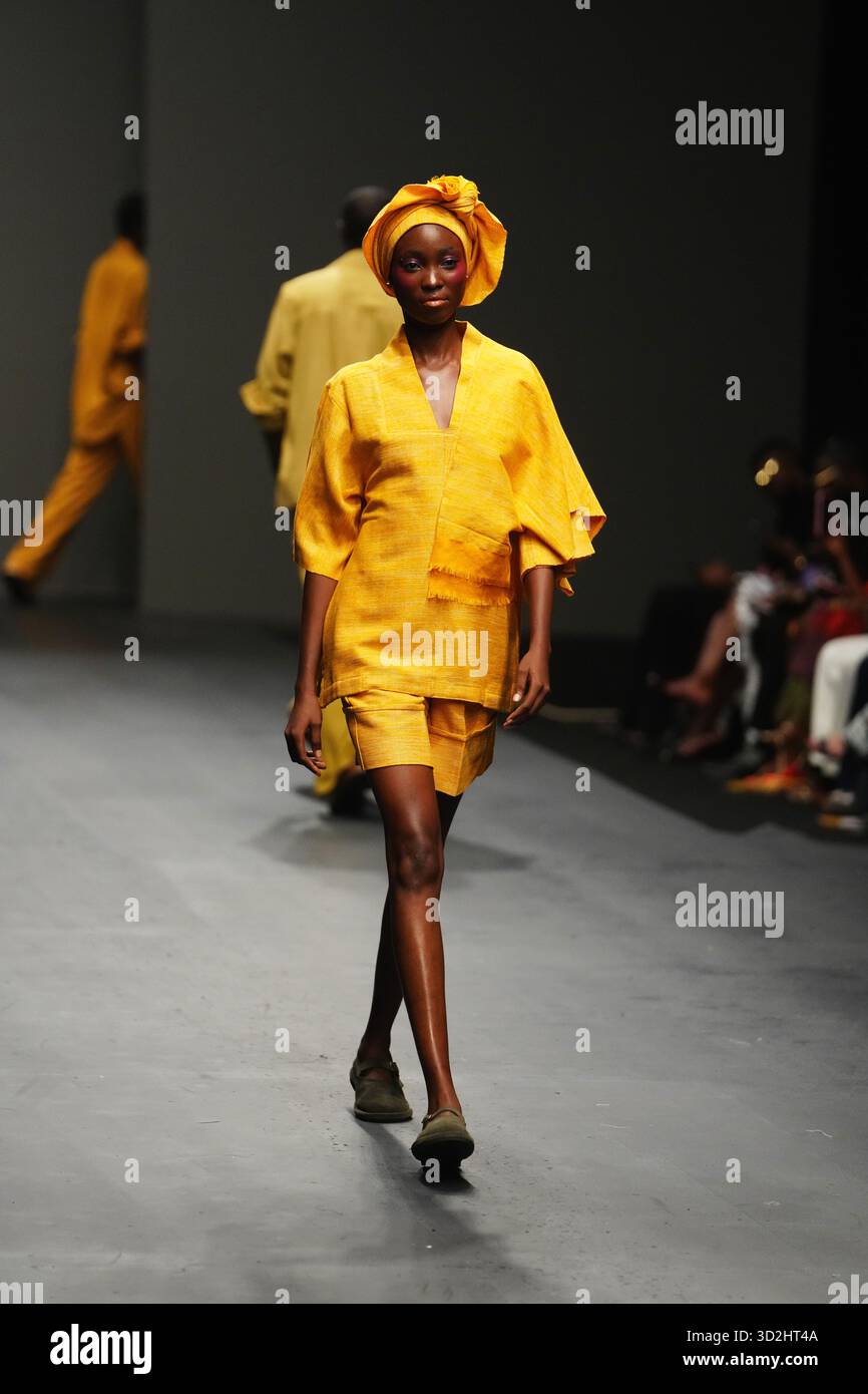A model wears a creation by designer AJABENG GHANA during Fashion Week ...