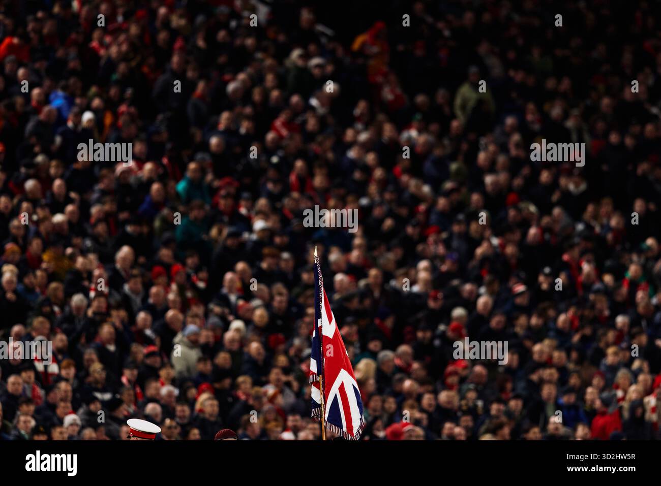 LIVERPOOL, ENGLAND - NOVEMBER 01: Union Jack flag in front of the Kop ...