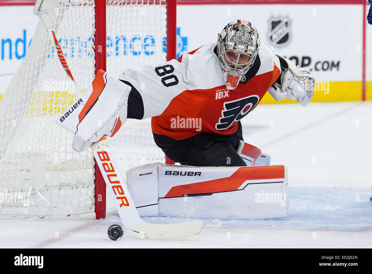 Philadelphia Flyers goaltender Dan Vladar makes a save during the first ...