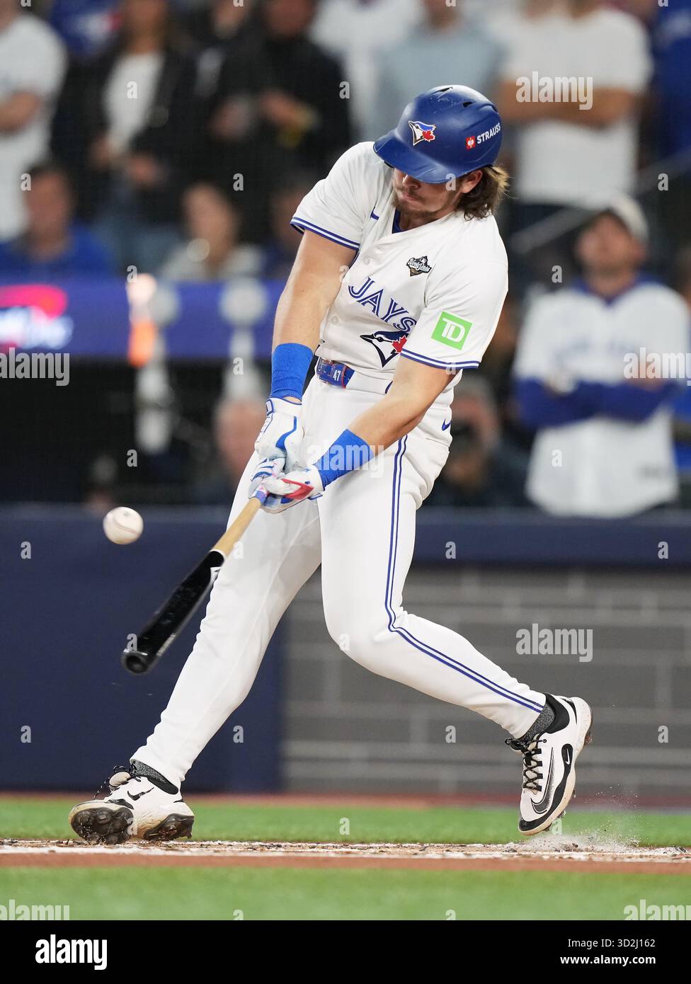 Toronto Blue Jays' Addison Barger (47) hits a single against the Los ...