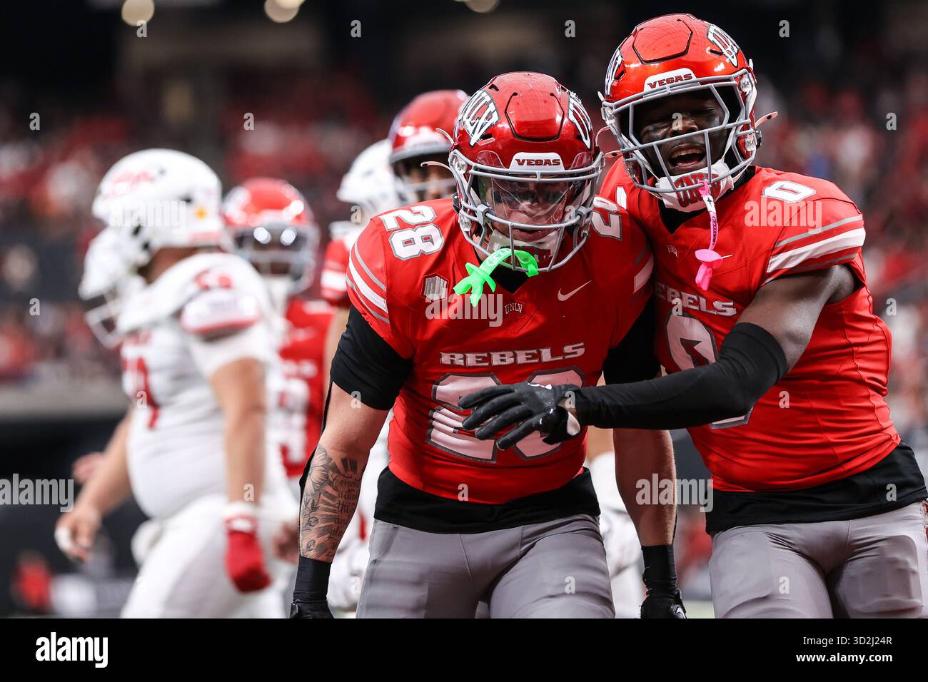 November 1, 2025: UNLV Rebels safety Logan Christensen (28) reacts ...