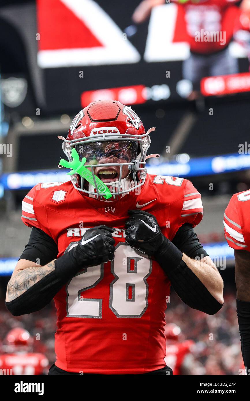 November 1, 2025: UNLV Rebels safety Logan Christensen (28) reacts ...