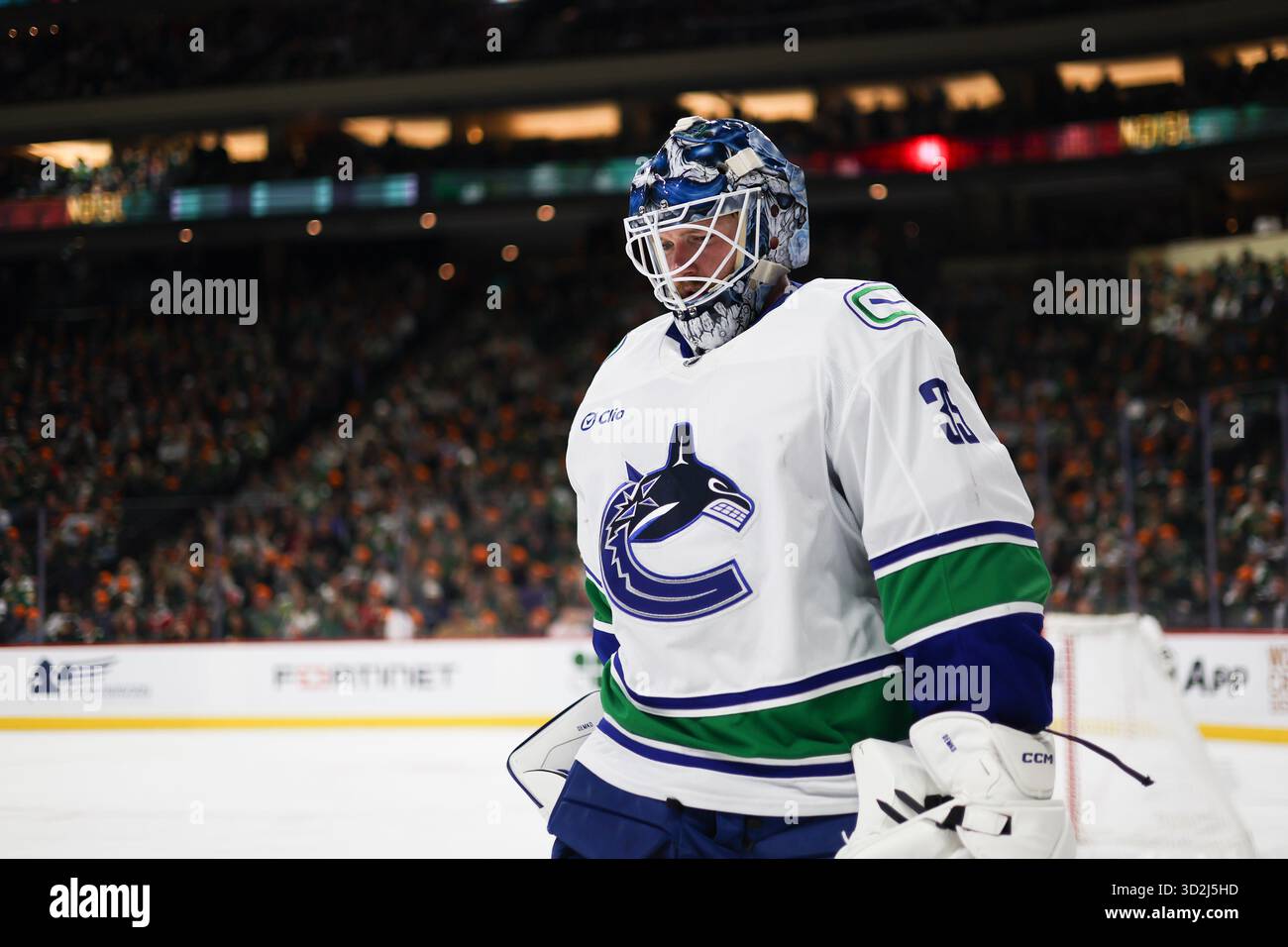 Vancouver Canucks goaltender Thatcher Demko reacts while his team is ...