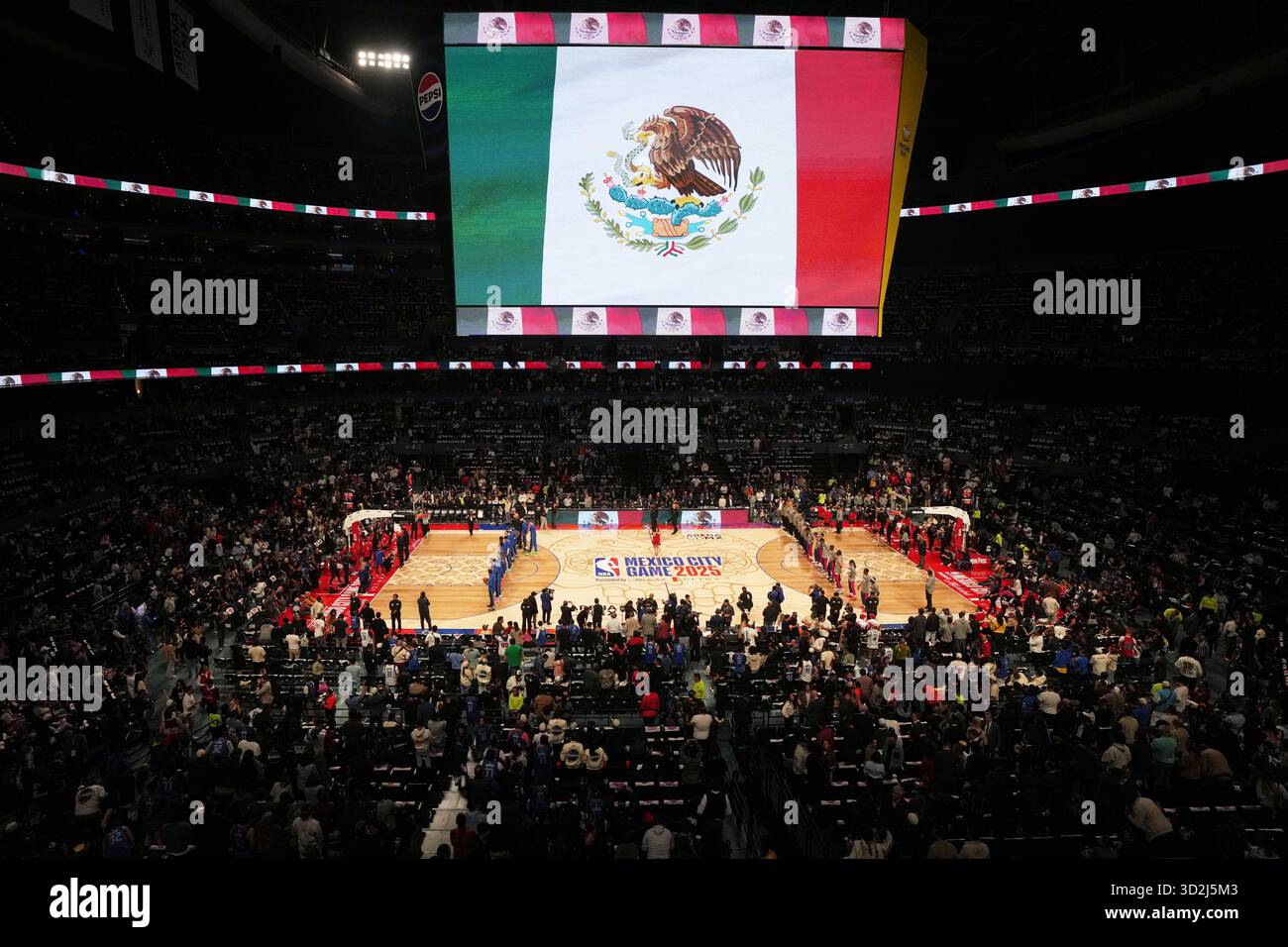 Players listen to the Mexican national anthem at the start of an NBA ...