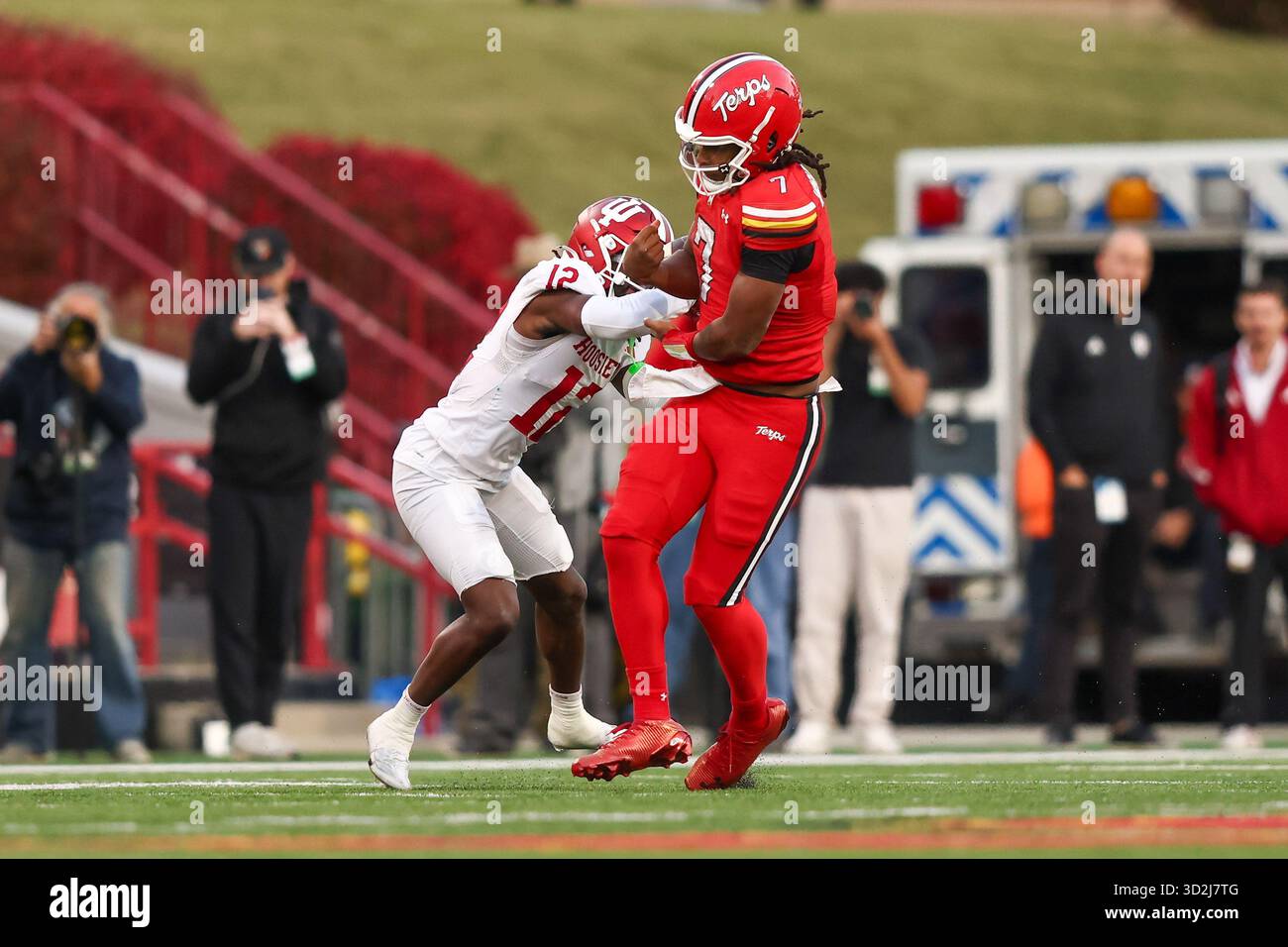 College Park, MD: Indiana Hoosiers defensive back Devan Boykin (12) strips the ball from ...