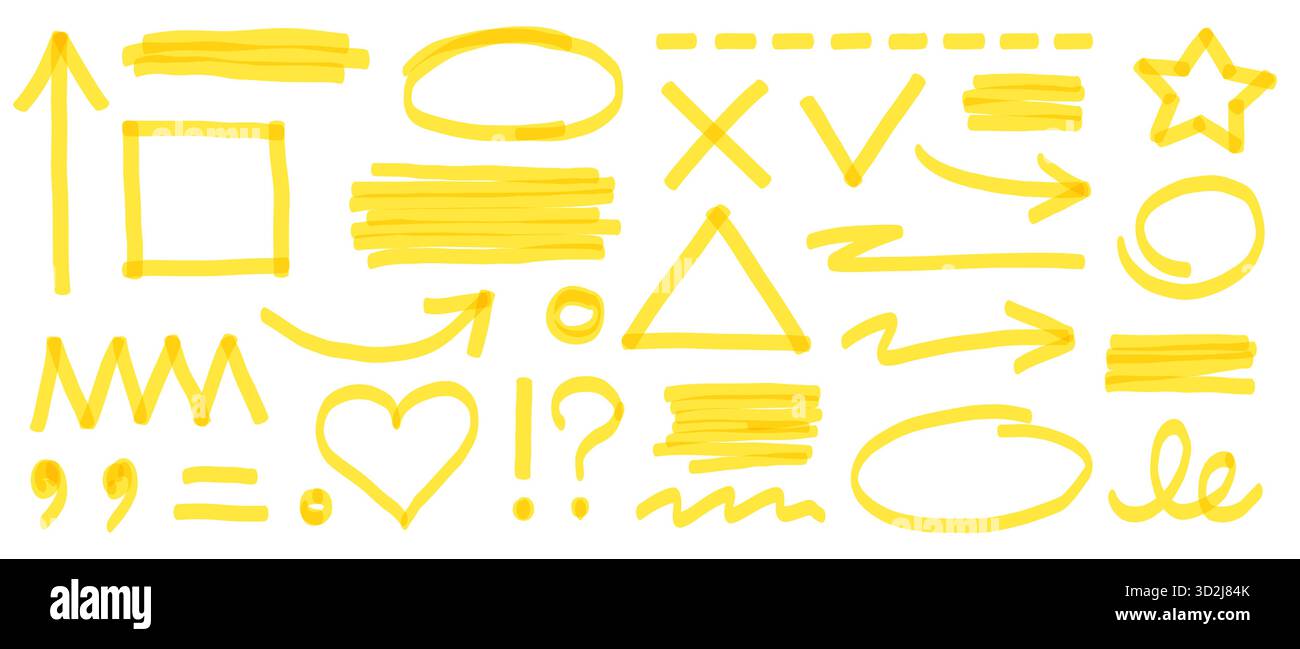 Highlight marker yellow set. Yellow underline mark with hand drawn ...