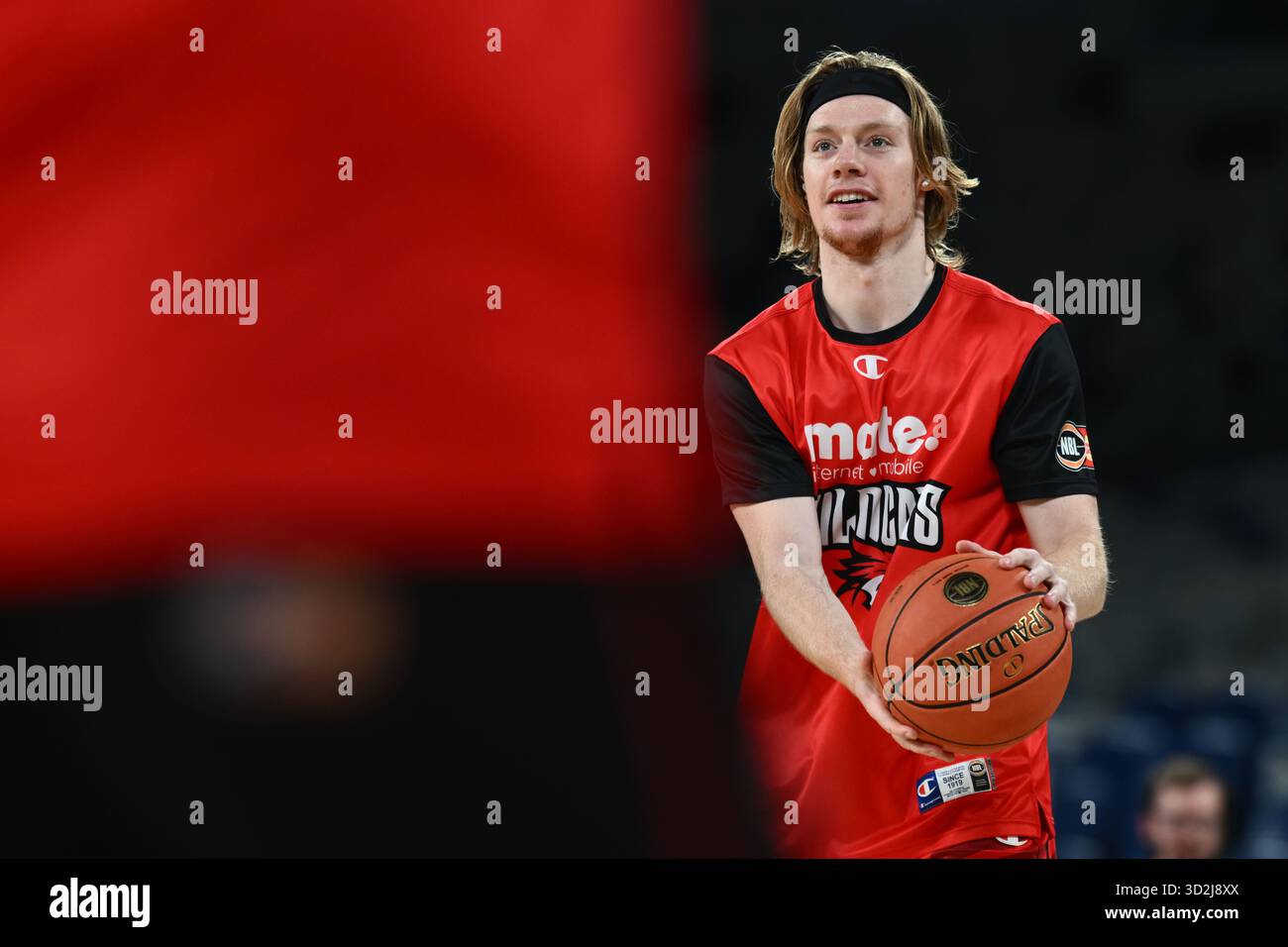 Jaron Rillie of the Wildcats warms up ahead of the NBL Round 7 match ...